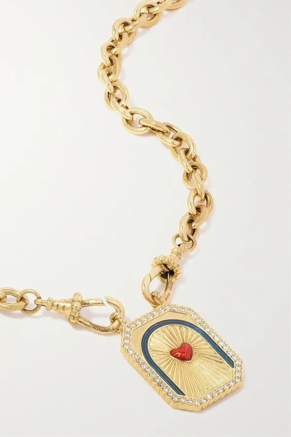 MARIE LICHTENBERG Heart Mini Scap 14-karat Gold, Cord, Enamel And Diamond Necklace - Red