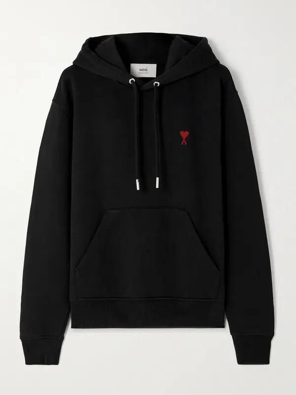 AMI Paris Embroidered Cotton-blend Jersey Hoodie - Black