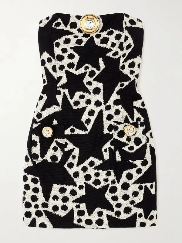 AREA Strapless Embellished Jacquard Mini Dress - Black