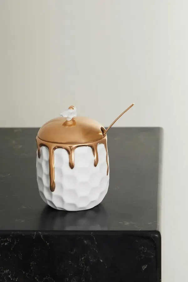 L'Objet Beehive Gold-plated Porcelain Honeypot And Spoon - White