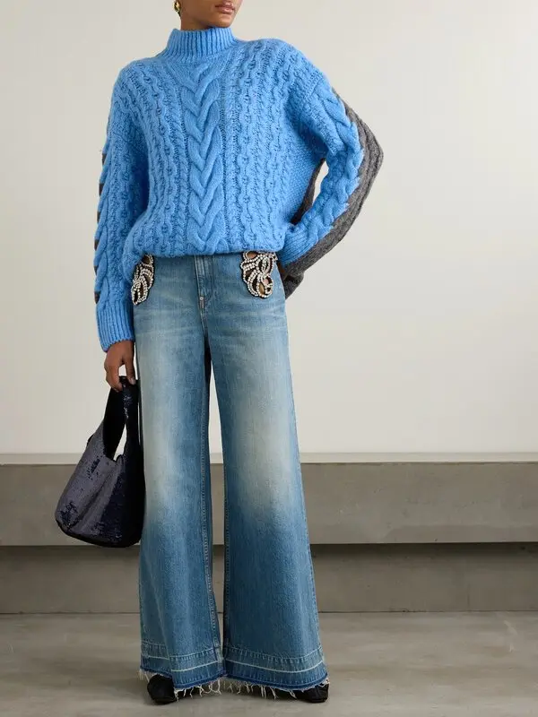 Stella McCartney Oversized Two-tone Cable-knit Alpaca-blend Turtleneck Sweater