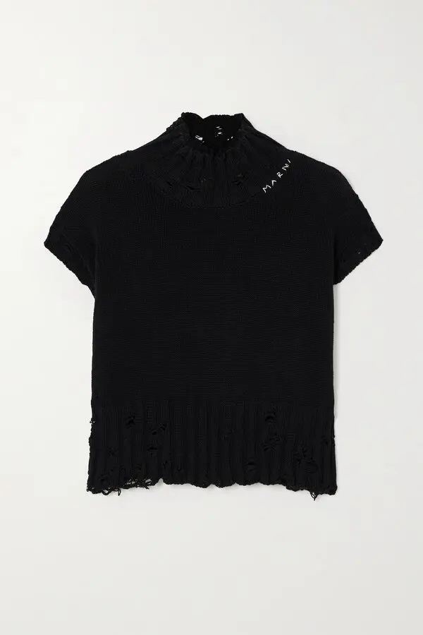 Marni Cropped Distressed Embroidered Cotton Turtleneck Vest