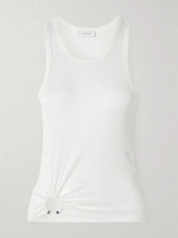Rabanne Embellished Gathered Ribbed Stretch-cotton Jersey Tank - White