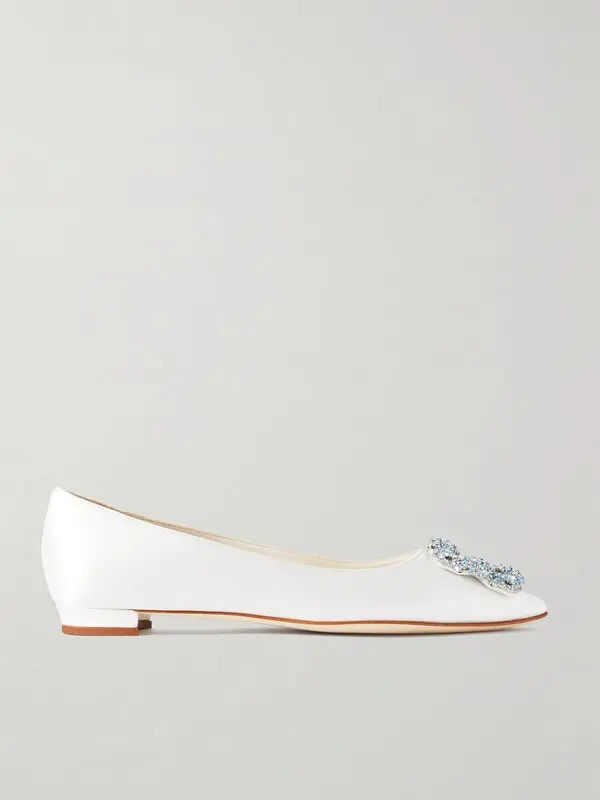 Manolo Blahnik Hangisiflat Crystal-embellished Point-toe Flats - White