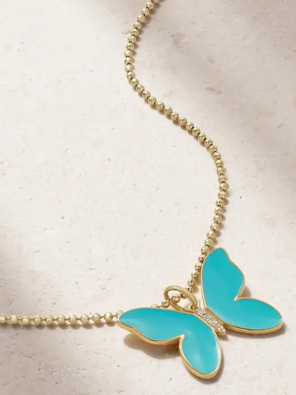 SYDNEY EVAN Butterfly 14-karat Gold, Enamel And Diamond Necklace - Blue