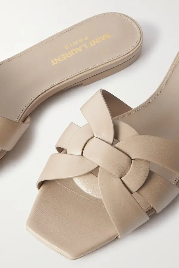 Saint Laurent Tribute Woven Leather Slides - Neutrals