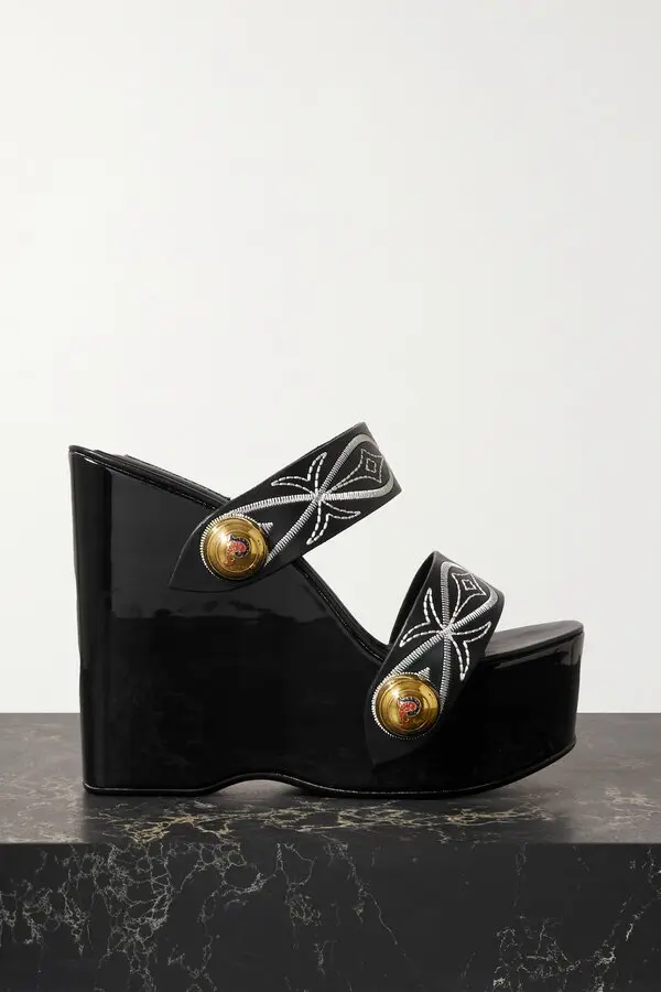 Emilio Pucci Embellished Embroidered Leather Wedge Sandals
