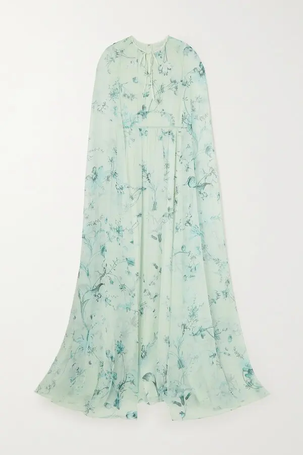 Erdem Kenley Cape-effect Floral-print Gown - Blue
