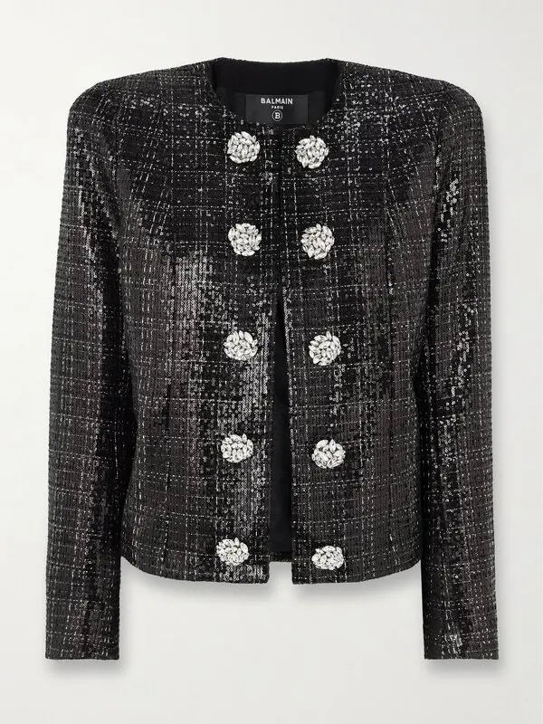 Balmain Crystal-embellished Sequined Tweed Jacket
