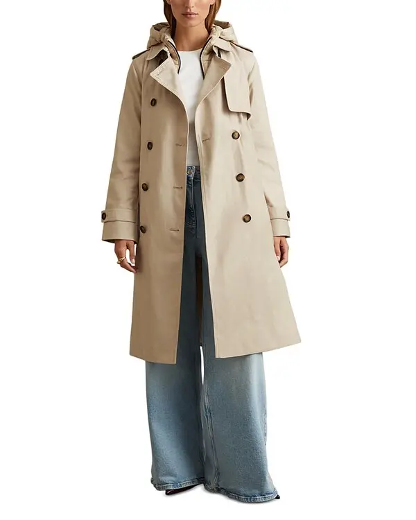 REISS Azura Hooded Trench Coat - Stone