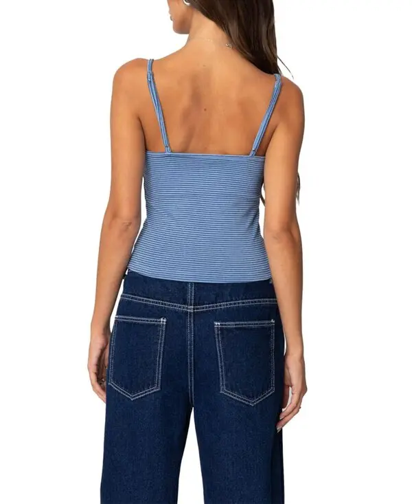 EDIKTED Striped Henley Tank Top - Blue