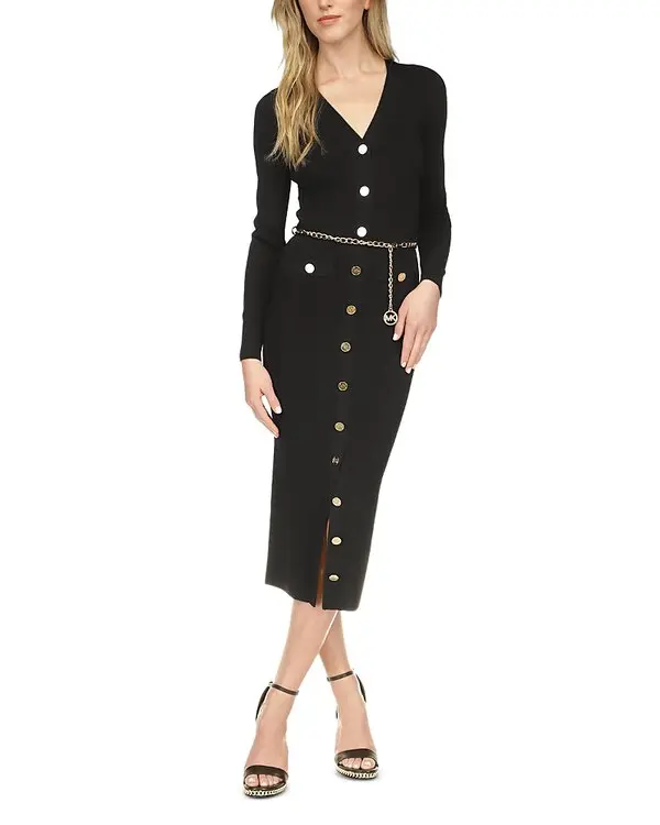 Michael Kors V Neck Button Front Midi Dress In Black - 51% Off