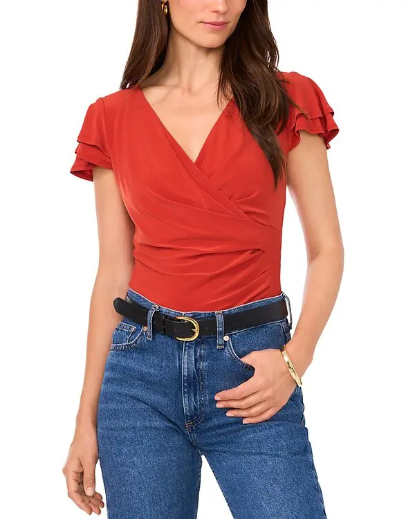 Vince Camuto Crossover Flutter Sleeve Top - Rust