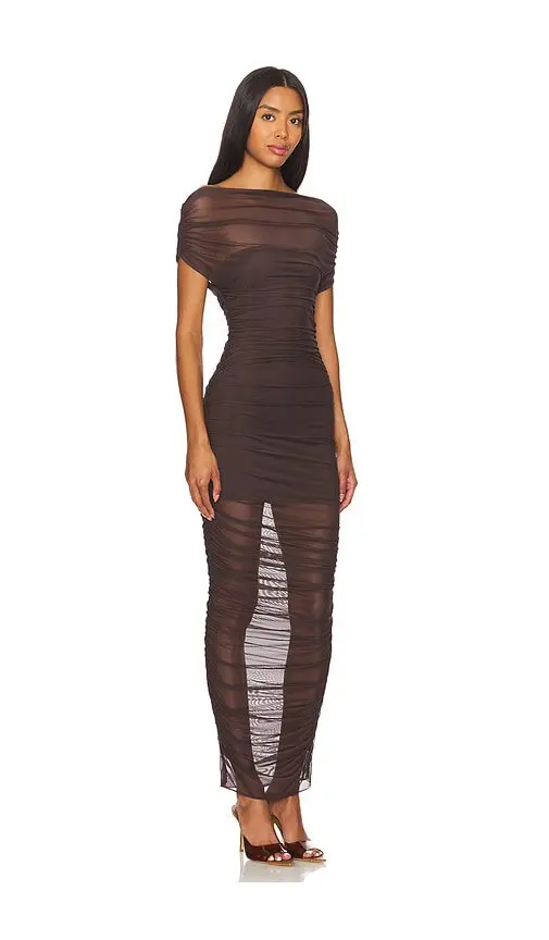 SEROYA Noel Off Shoulder Mesh Midi Dress - Ash Brown