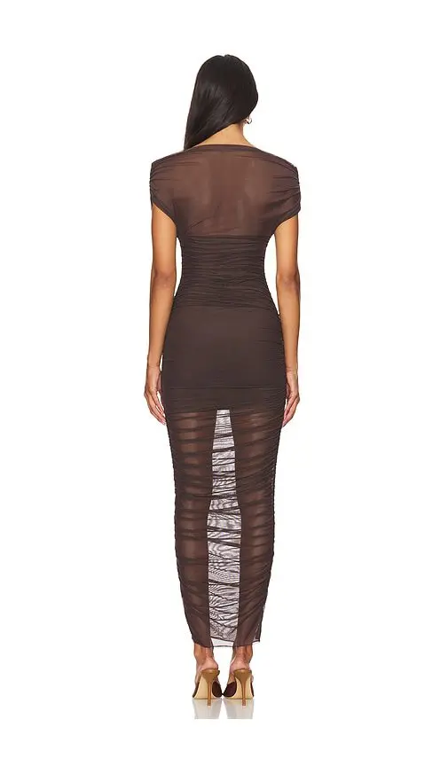SEROYA Noel Off Shoulder Mesh Midi Dress - Ash Brown