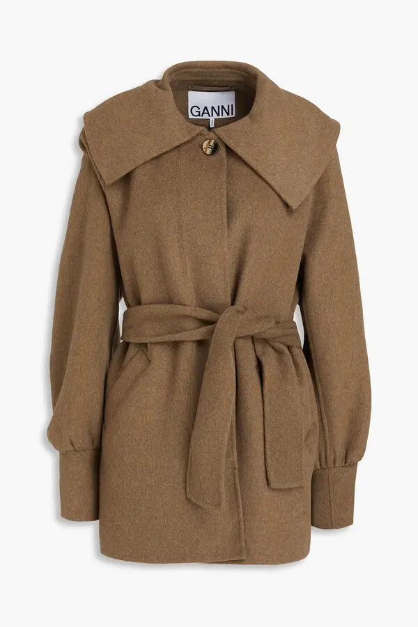 GANNI Belted Wool-blend Coat - Taupe