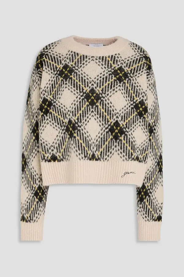 GANNI Argyle Jacquard-knit Sweater - Ecru