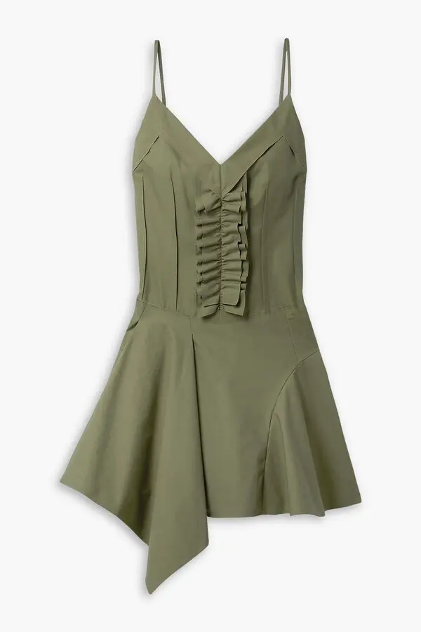 Commission Ruffled Paneled Cotton-Poplin Mini Dress In Army Green - 85% Off  | Editorialist