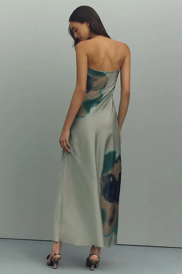 HUTCH Strapless Column Satin Maxi Dress - Green Pattern