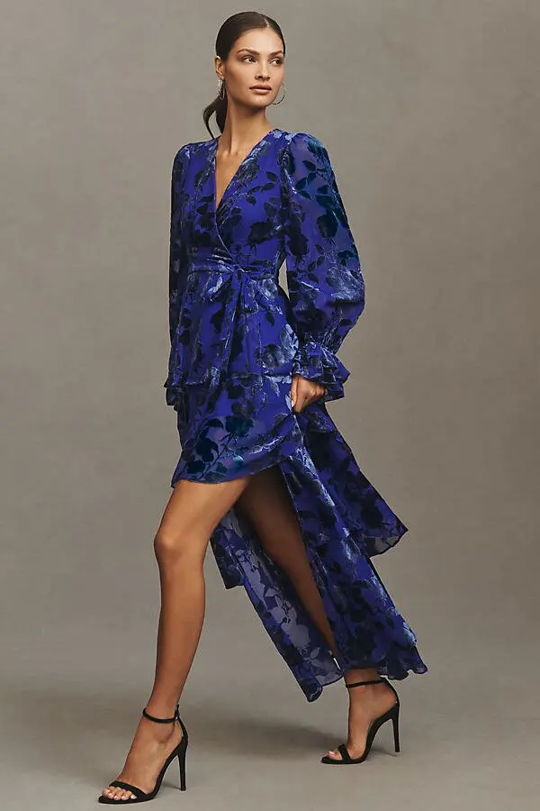 Hutch Bardot Long-Sleeve V-Neck Velvet Burnout Wrap Tiered Maxi Dress In  Blue - 66% Off | Editorialist