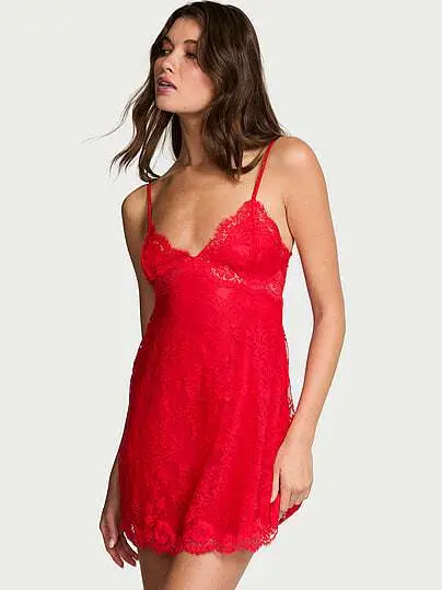 Victoria's Secret Dream Angels Twinkle Strap Lace Mini Slip Dress - Red