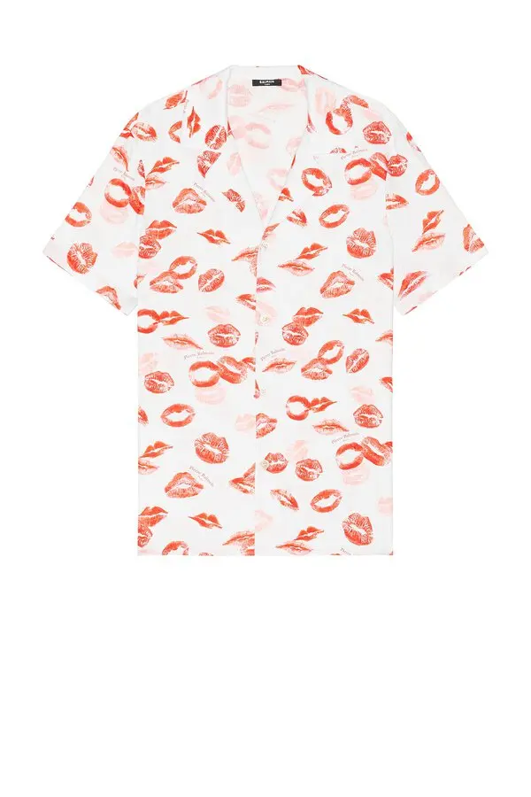 Balmain Kiss Print Pyjama Shirt In White - White & Red