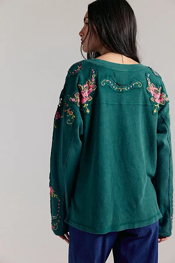 Free People Lilith Embroidered Tee - Deep Green