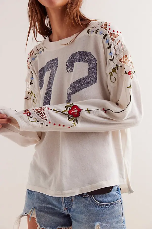 Free People Lilith Embroidered Tee - Tofu