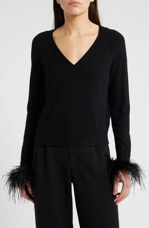 MILLY Feather Cuff V-neck Sweater - Black