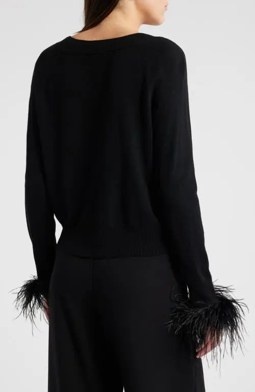 MILLY Feather Cuff V-neck Sweater - Black