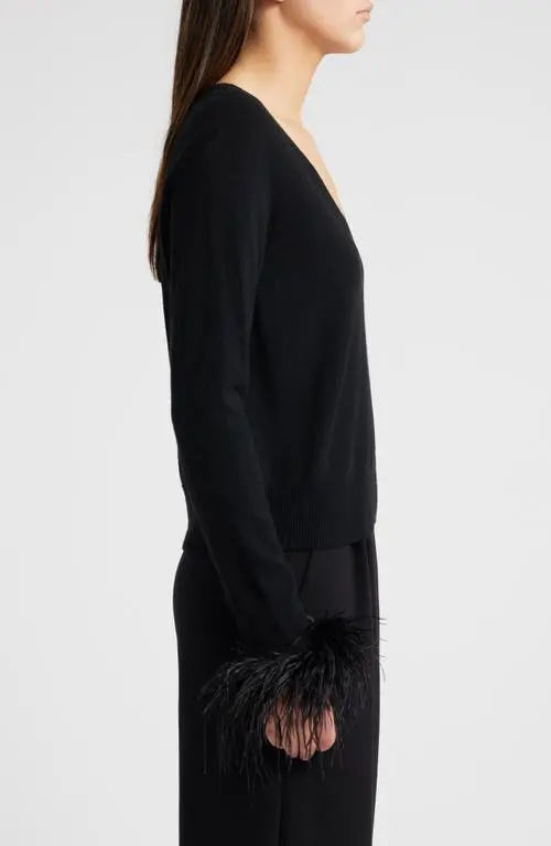 MILLY Feather Cuff V-neck Sweater - Black