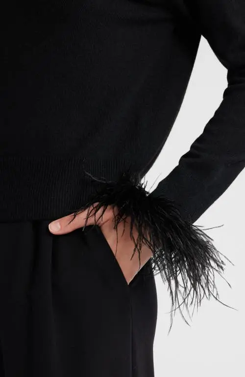 MILLY Feather Cuff V-neck Sweater - Black