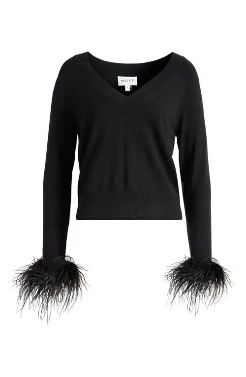 MILLY Feather Cuff V-neck Sweater - Black