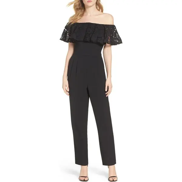 Eliza J Off-The-Shoulder Lace Jumpsuit In Black 45% Off
