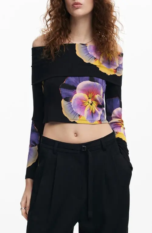 Desigual Pensee Lacroix Pansy Print Off-the-shoulder Top - Black