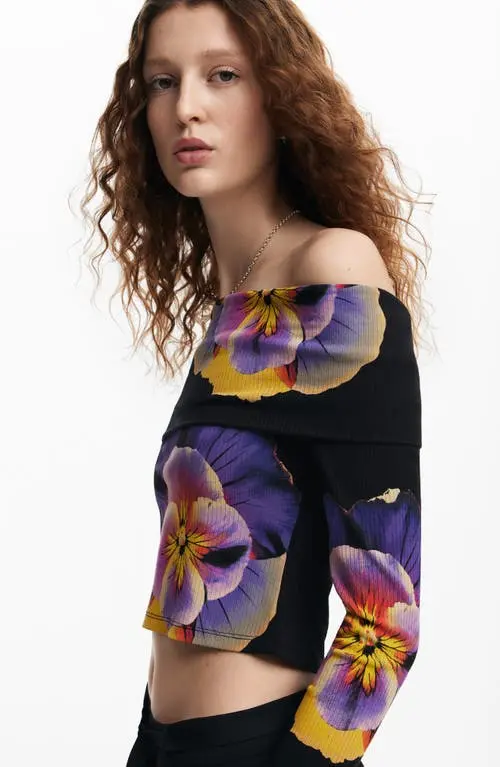 Desigual Pensee Lacroix Pansy Print Off-the-shoulder Top