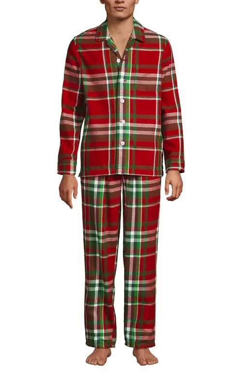 LANDS' END Flannel Pajama Set - Compass Red/emerald Plaid