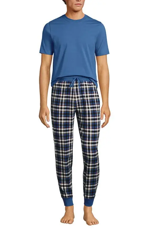 LANDS' END Knit Jersey Pajama Sleep Set - Mariner Blue/ivory Plaid