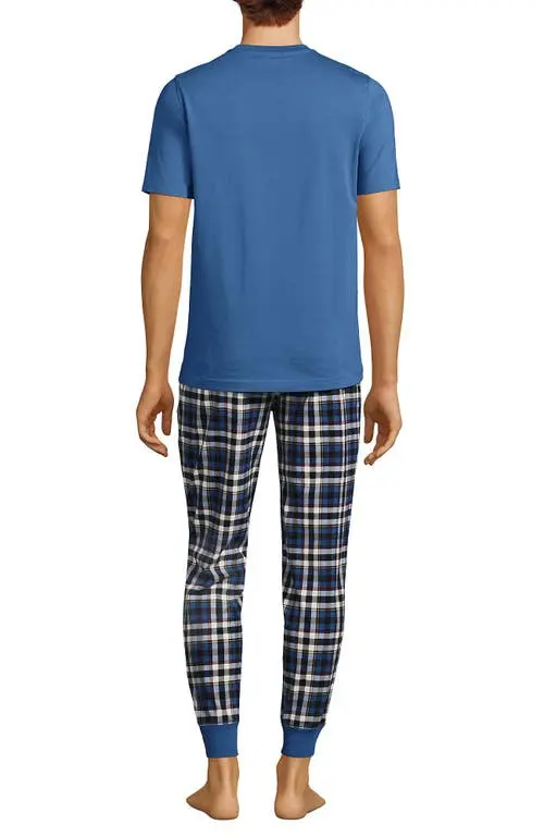 LANDS' END Knit Jersey Pajama Sleep Set - Mariner Blue/ivory Plaid