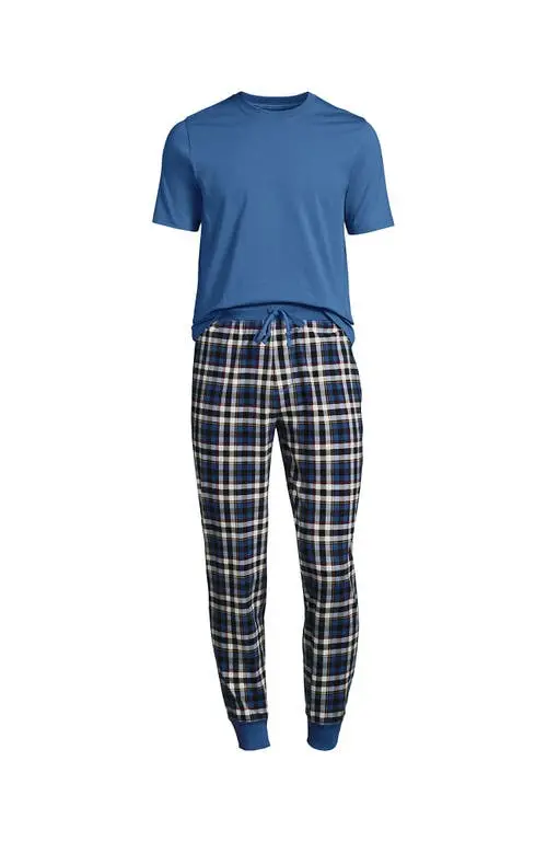 LANDS' END Knit Jersey Pajama Sleep Set - Mariner Blue/ivory Plaid