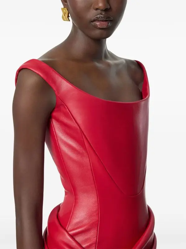 Versace Corset Draped Leather Midi Dress - Red | Editorialist