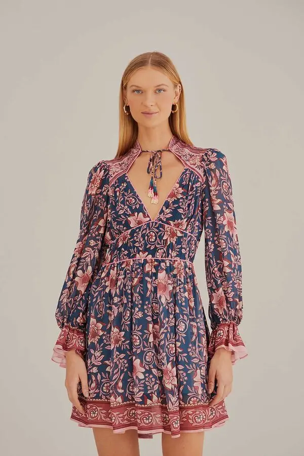teal ainika charm long sleeve mini dress FARM Rio Ainika Charm Teal Long Sleeve Mini Dress
