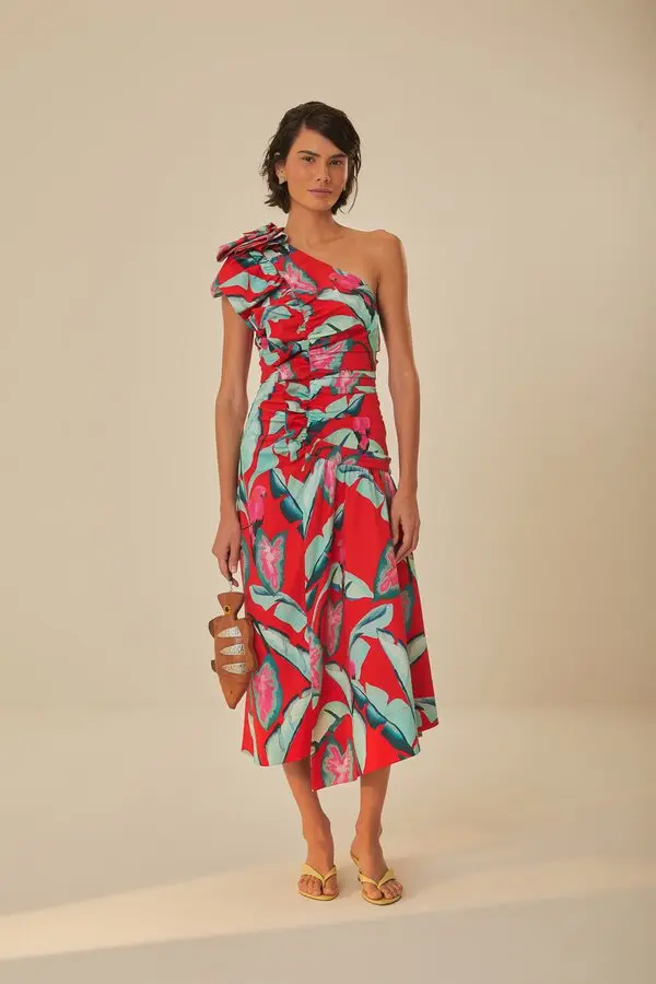 farm rio red one shoulder dress Farm Rio + Red One Shoulder Dress