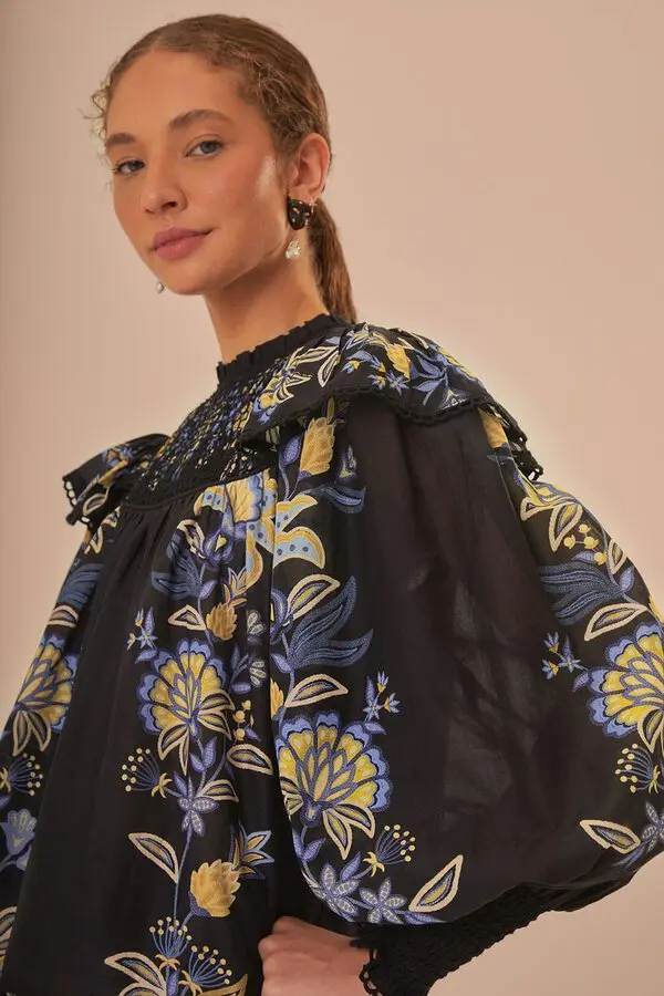 FARM RIO ACTIVE Black Stitched Garden Blouse, Stitched Garden Black / Xs