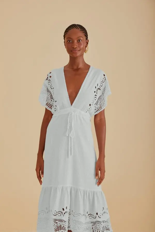 Farm Rio Active Off-White Embroidered Guipure Euroflax Premium Linen Midi  Dress, Off-White / M - One-Color | Editorialist