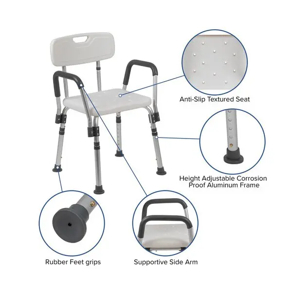EMMA+OLIVER 300 Lb. Capacity Quick Release Back & Arm Shower Chair - White