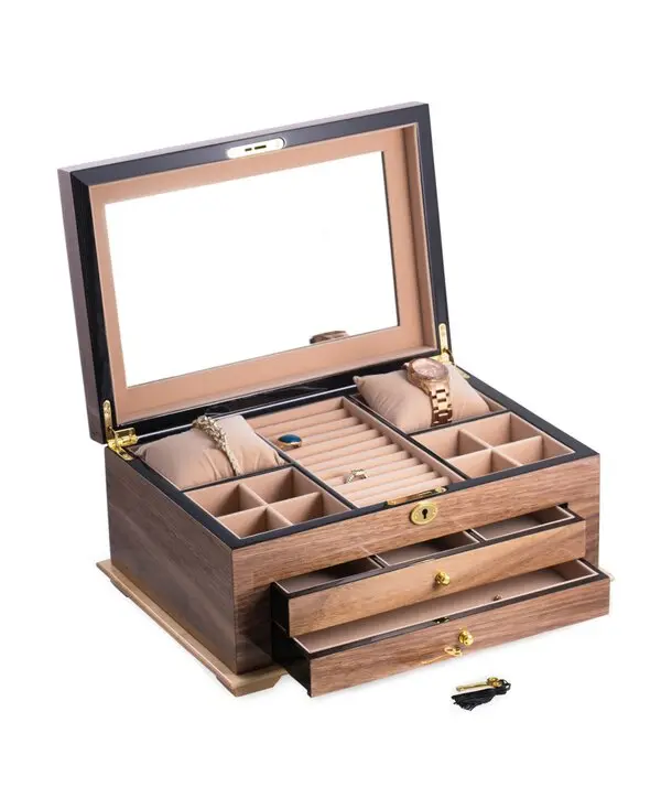BEY-BERK Walnut 3 Level Jewelry Box With Gold Tone Accents And Locking Lid - Multi