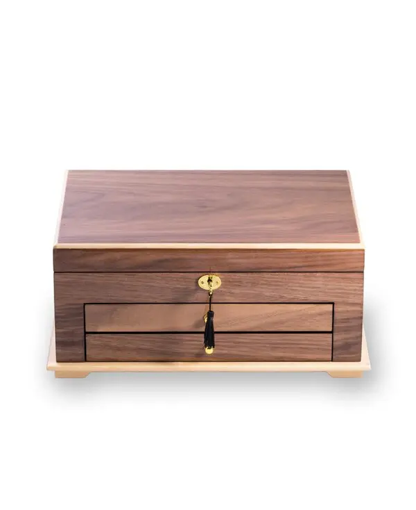 BEY-BERK Walnut 3 Level Jewelry Box With Gold Tone Accents And Locking Lid