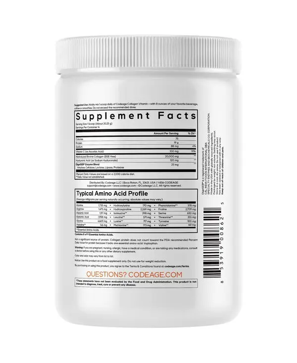 CODEAGE Collagen Peptides Powder + Vitamin C 20g Grass-fed Collagen Per Serving