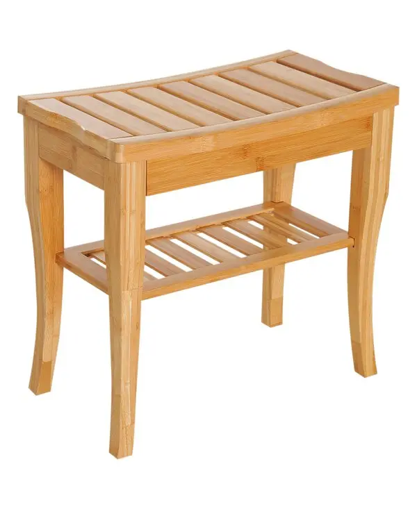 HOMCOM Bamboo Shower Bench Bathroom Stool Spa Bath Organizer Seat W/ Shelf - Natural Wood